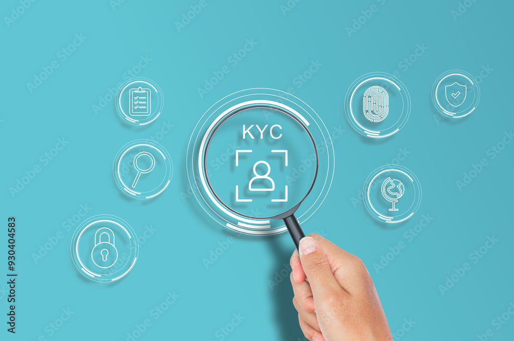 Magnifying glass focusing on Know Your Customer (KYC) compliance and ...