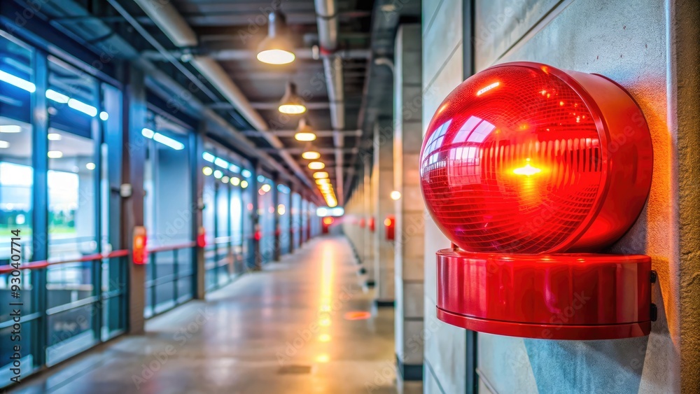 Bright red fire alarm beacon flashes warning signals in a modern ...