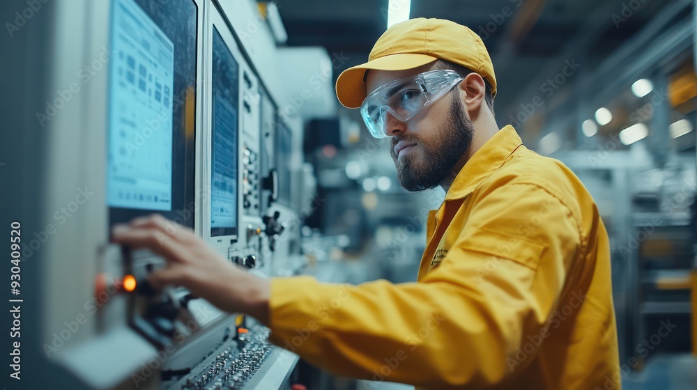 Factory worker monitoring an industrial machine through a control ...