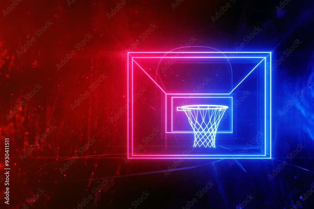 Neon outlines of a basketball hoop and backboard are featured against a ...