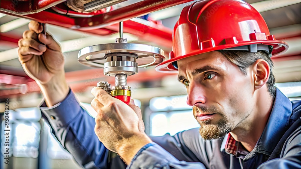 Close-up of a fire sprinkler head being inspected and tested by a ...