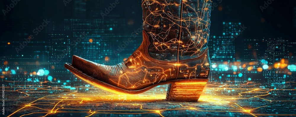 A digital cowboy boot glows with intricate patterns, blending tradition ...