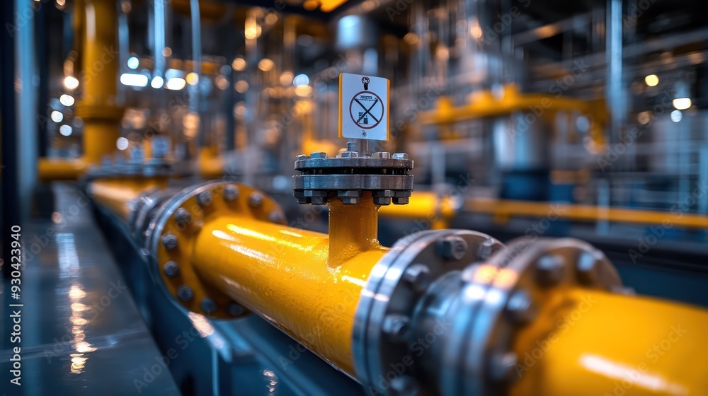 Piping systems in a chemical plant with safety signs, highlighting the ...