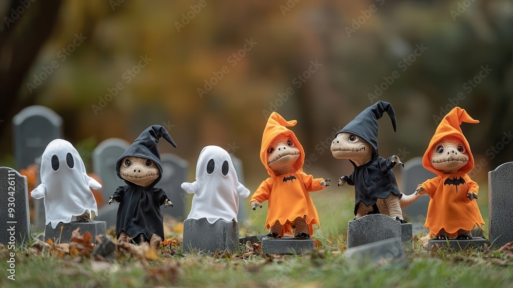 Group of baby dinosaurs in ghost costumes playing among tombstones ...