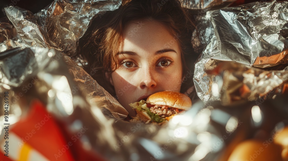 Unhealthy food concept. A woman surrounded by fast-food wrappers ...