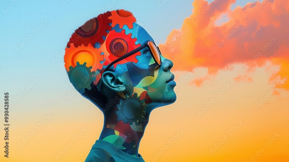 Abstract art of a person with shifting gears in their mind ...