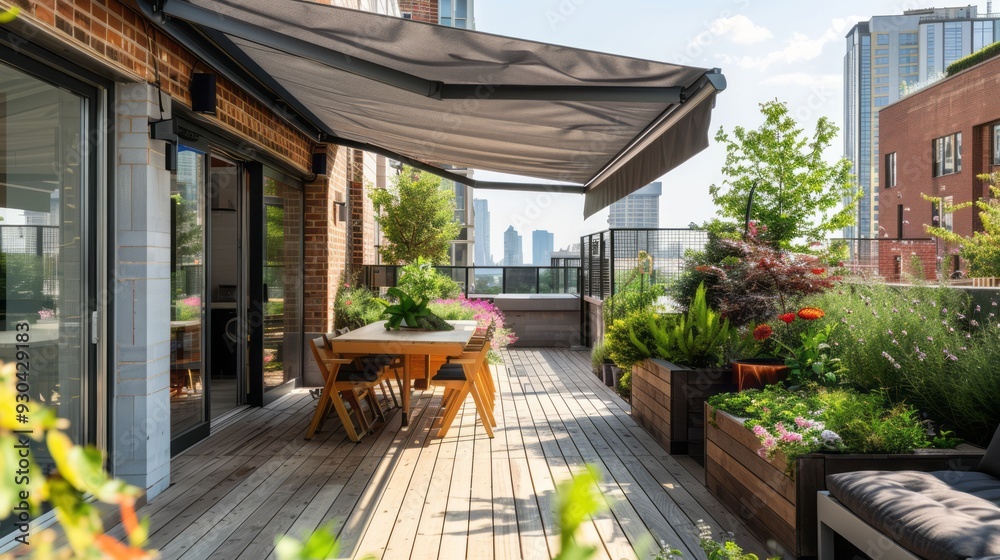A rooftop terrace with a smart irrigation system keeping the plants ...