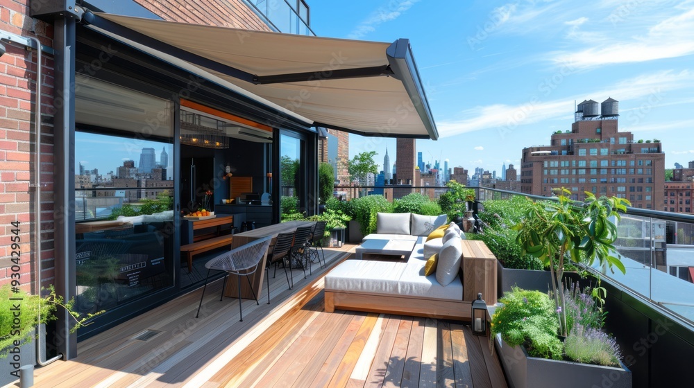 A rooftop terrace with a smart irrigation system keeping the plants ...