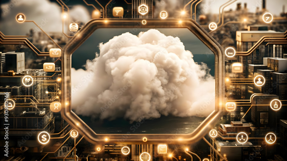 AI Powered Cloud Computing Frame Concept with Cloud Icons and Data Flow ...