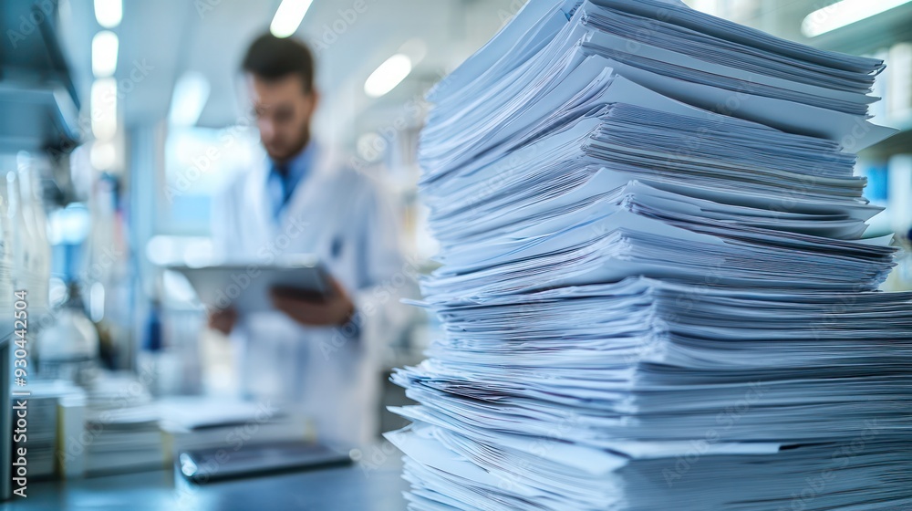 Stack of clinical trial documents with a researcher in the ackground ...