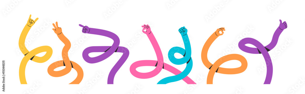 Long twisted hands. Playful cartoon curved arms with hand gestures of ...