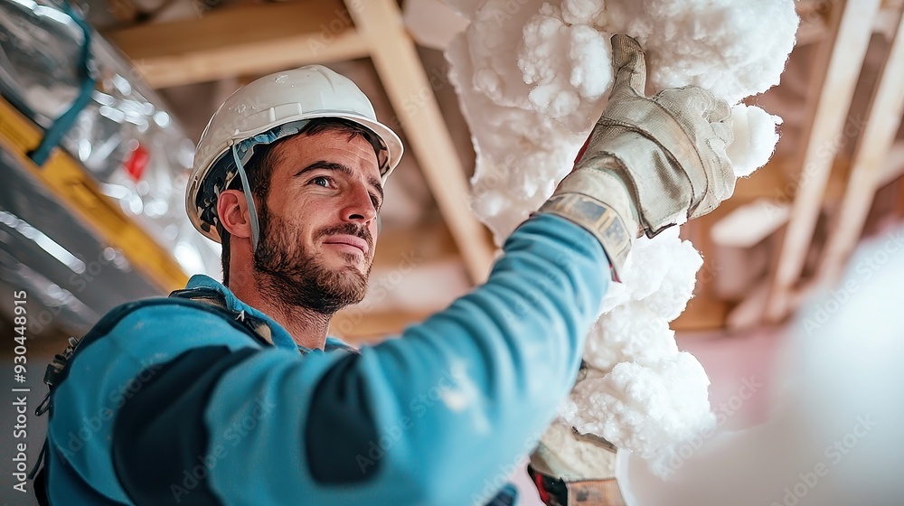 Workers installing exterior insulation, enhancing building walls with ...