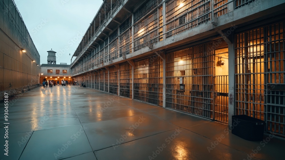 View of a prison yard with cells and an outside area where people are ...