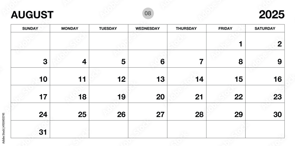 August 2025 year planner template, calendar 2025 template, monthly and ...