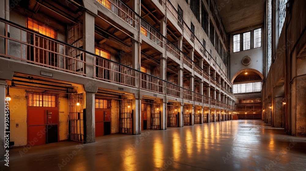 Interior of an empty prison cell block with multiple levels of cells ...