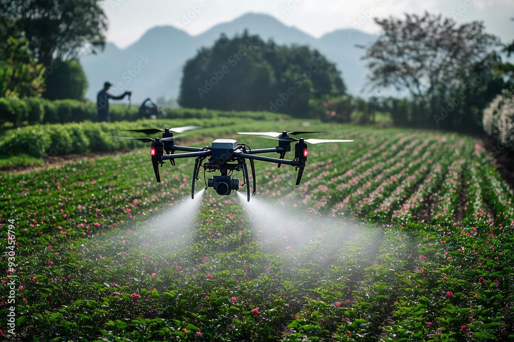 Agricultural drones spraying water on farmland crops, advanced ...
