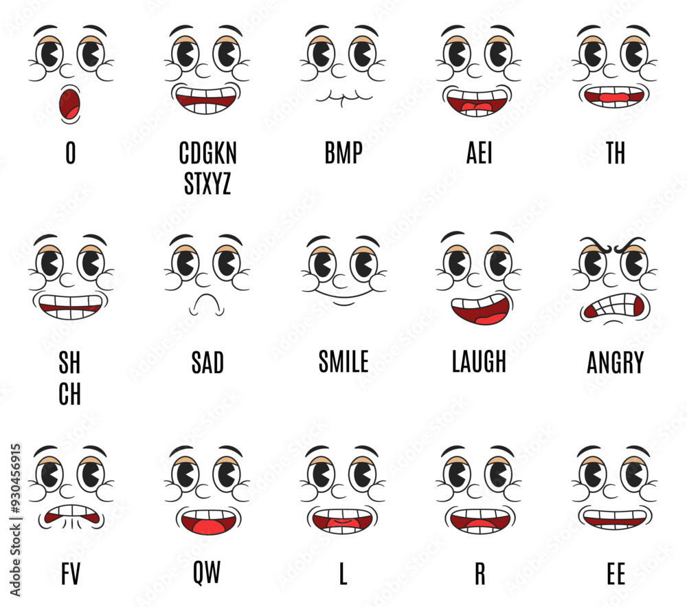 Retro cartoon lip sync animation. Mouth shapes for phonetic sounds and ...