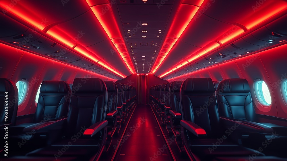 Modern airplane cabin interior illuminated by striking red overhead ...