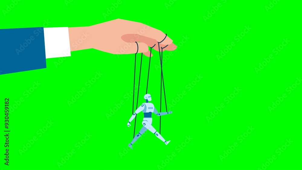 Businessman puppeteer controls the robot. Human hand manipulating ...