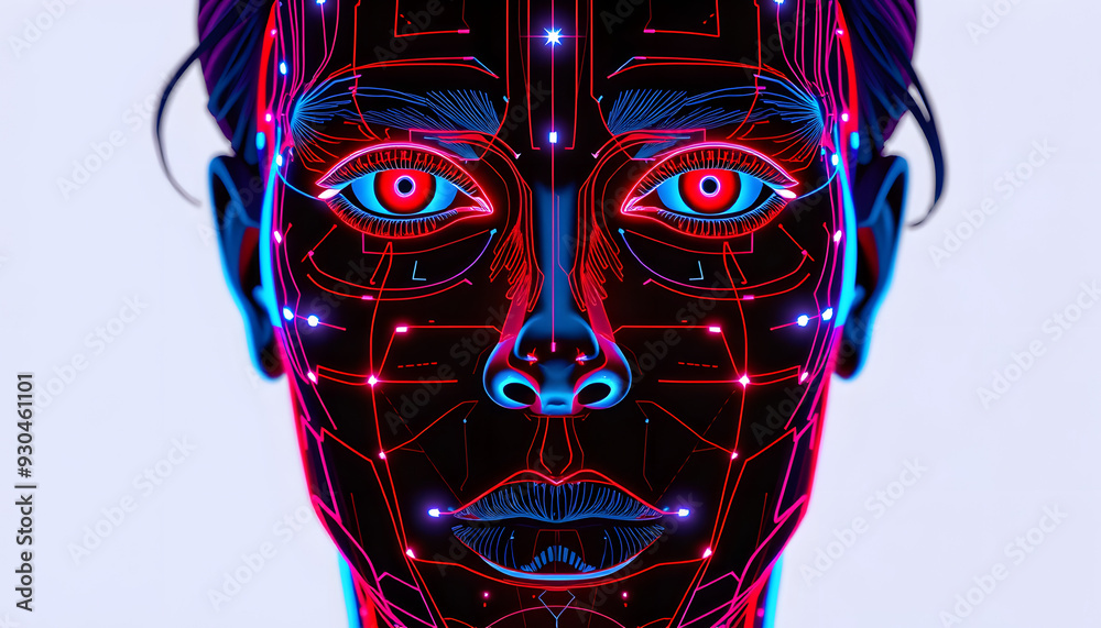 Deepfake, A digital face with red and blue lines representing artificial intelligence and ...
