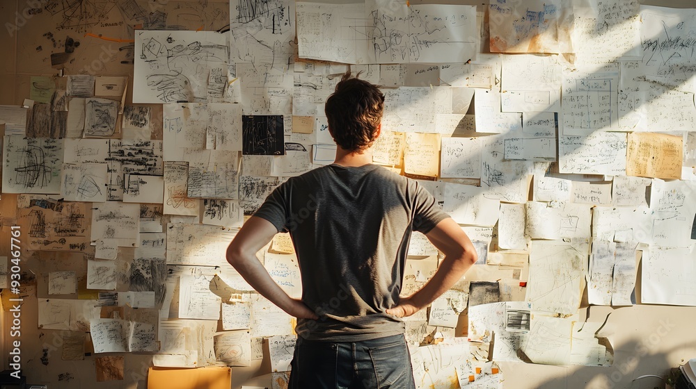 Man looking at wall of notes, hands on hips, messy collection of ...