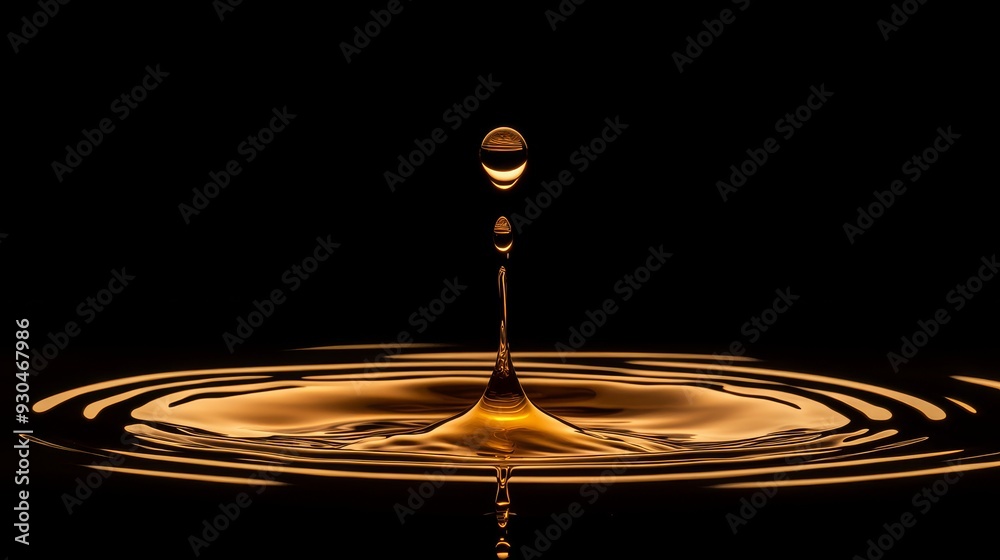 Golden Water Drop Splashing in Black Background - A single golden water drop falls into a still ...
