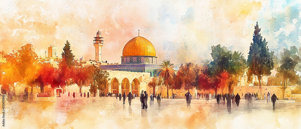 Watercolor hand draw The Al-Aqsa Mosque in Jerusalem is one of the ...
