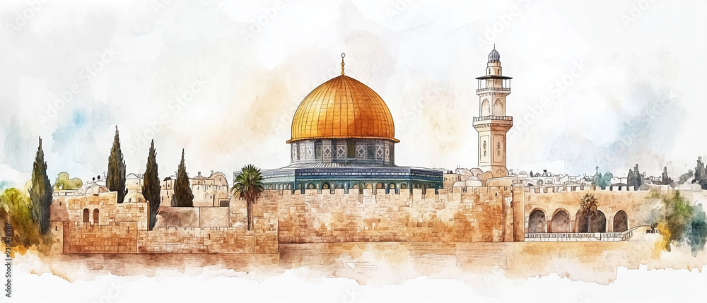 Watercolor hand draw The Al-Aqsa Mosque in Jerusalem is one of the ...