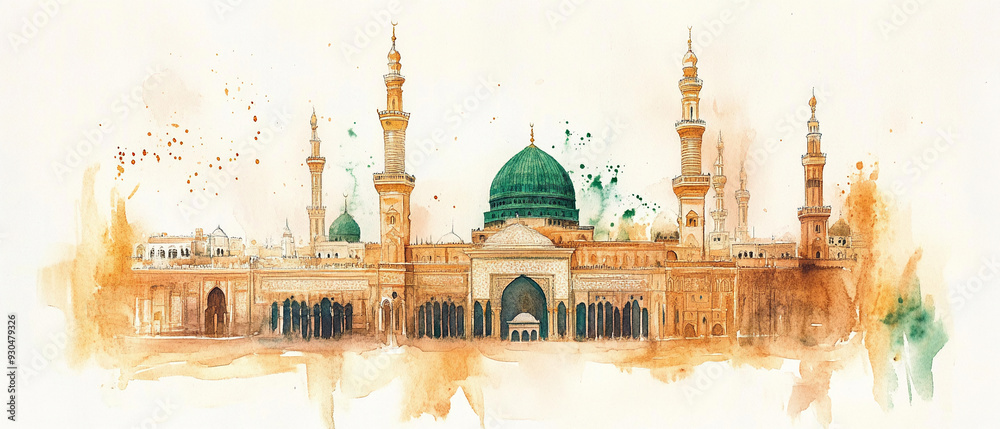 Watercolor hand draw The Prophets Mosque (Masjid an-Nabawi) in Medina ...