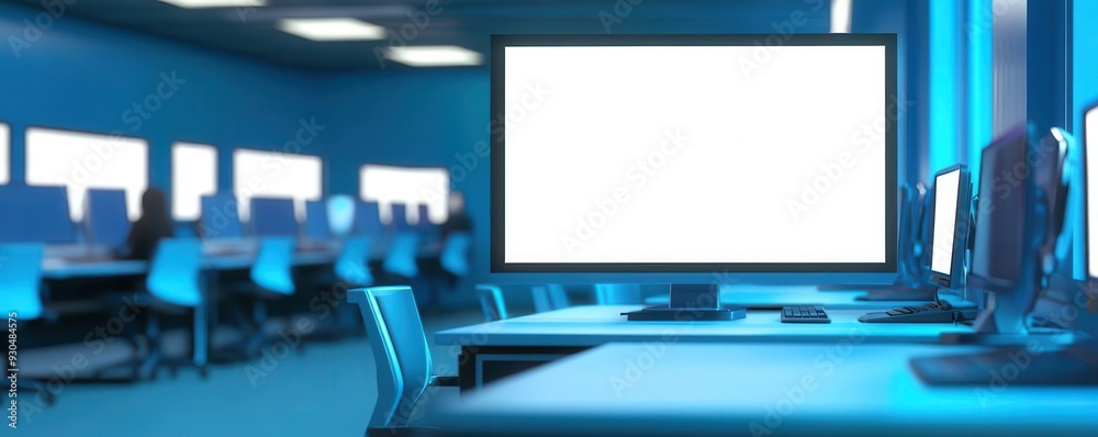 Computer lab with a blank screen for text side view techsavvy students ...