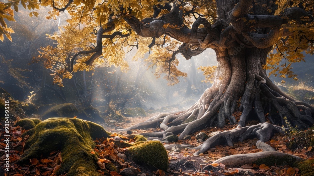 A tree with roots that twist into shapes of mythical creatures, growing ...