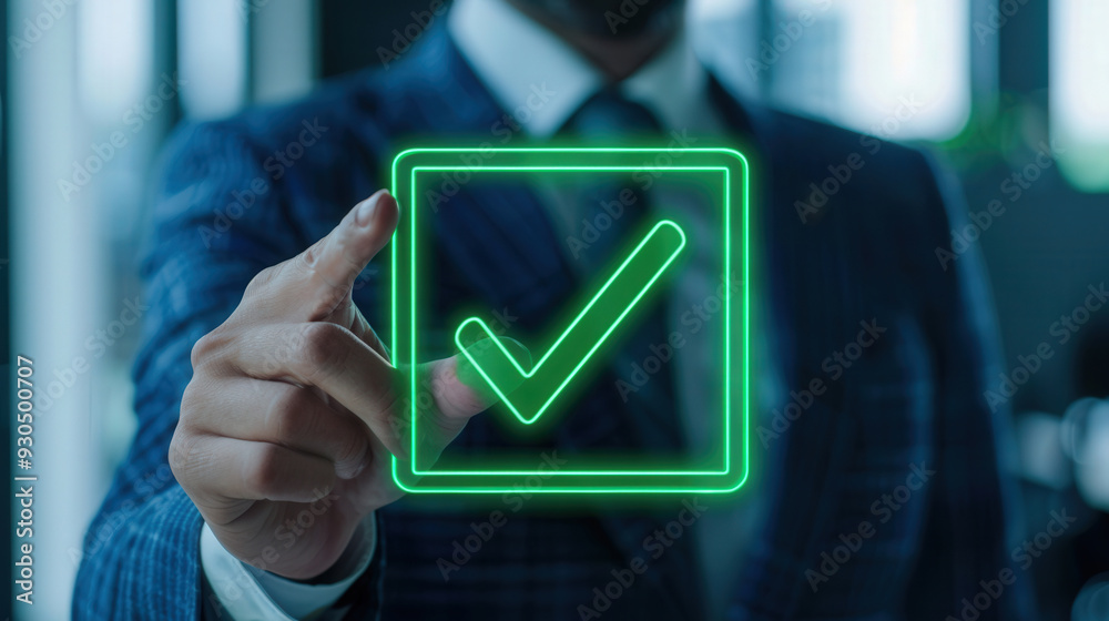Businessman engaging with a holographic green compliance tick symbol in ...