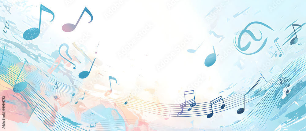 A vector illustration of a music notes banner, featuring a fresh blue ...