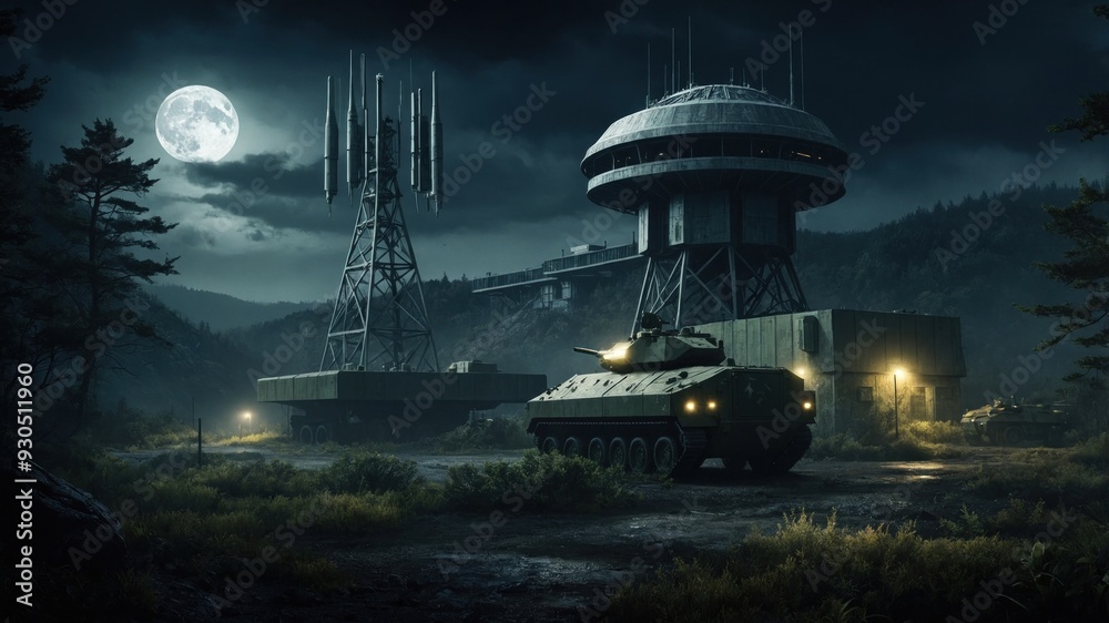 Beautiful game art wallpaper dark military base in night mountains ...