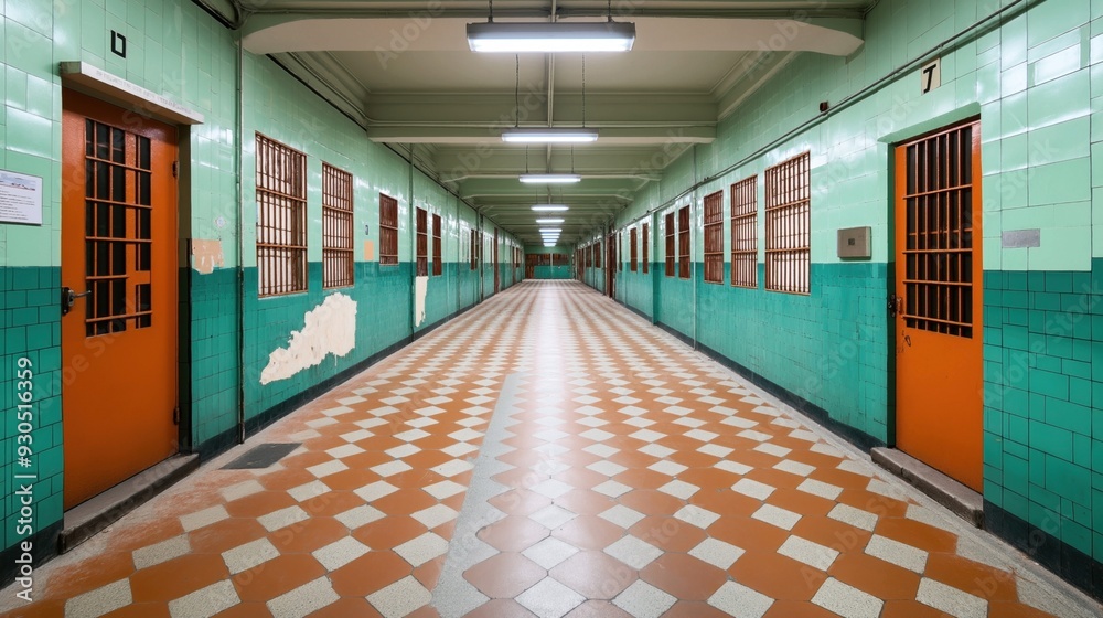 Empty corridor in an old prison with green tiled walls and orange cell ...