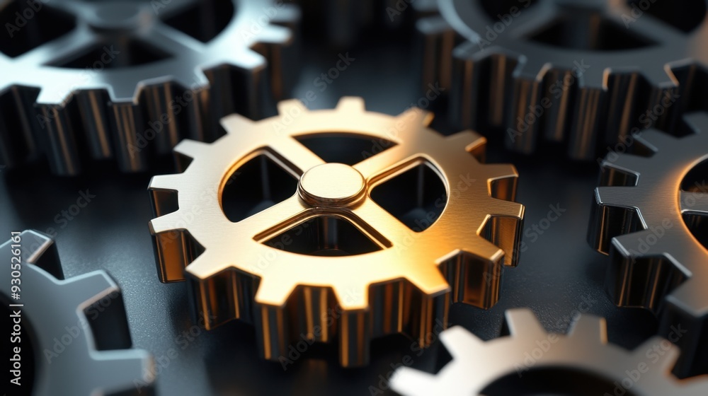 Abstract 3D gears meshed together, symbolizing process optimization, with metallic reflections ...