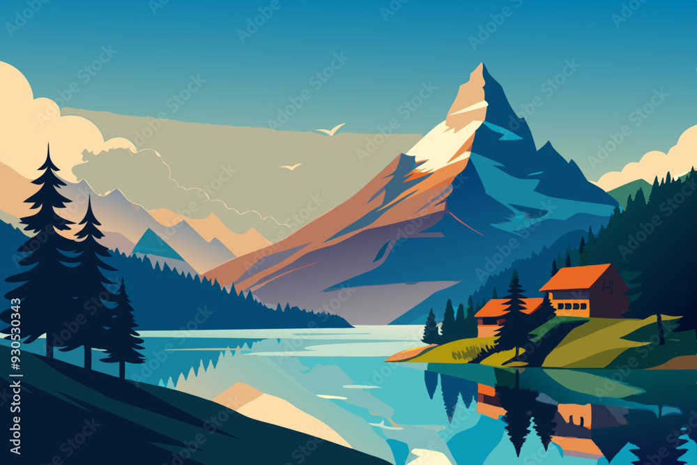 Sunny Summer Morning at Grindjisee Lake Vector | Swiss Alps Zermatt ...