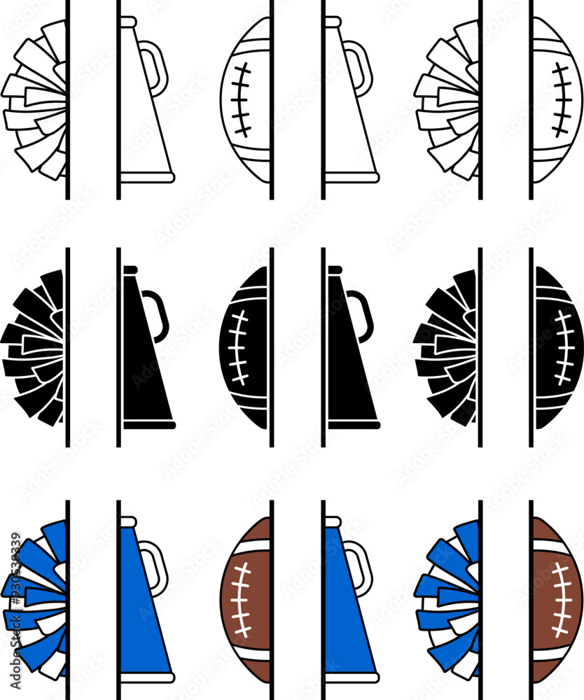 Cheerleader Pom-Poms, Megaphone and Football Vertical Split Label ...