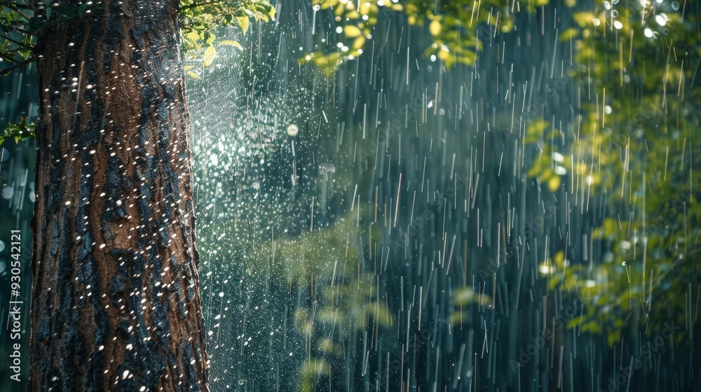 Intense rainstorm with a tree standing tall, rainwater running down the ...