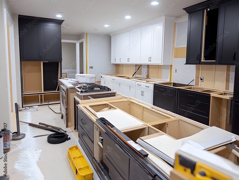 Ongoing kitchen renovation project with new cabinets countertops and various renovation tools ...