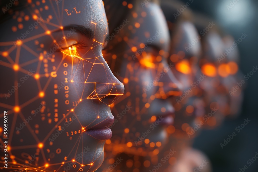 multiple copies of her digital self, neon red on background, the copies ...