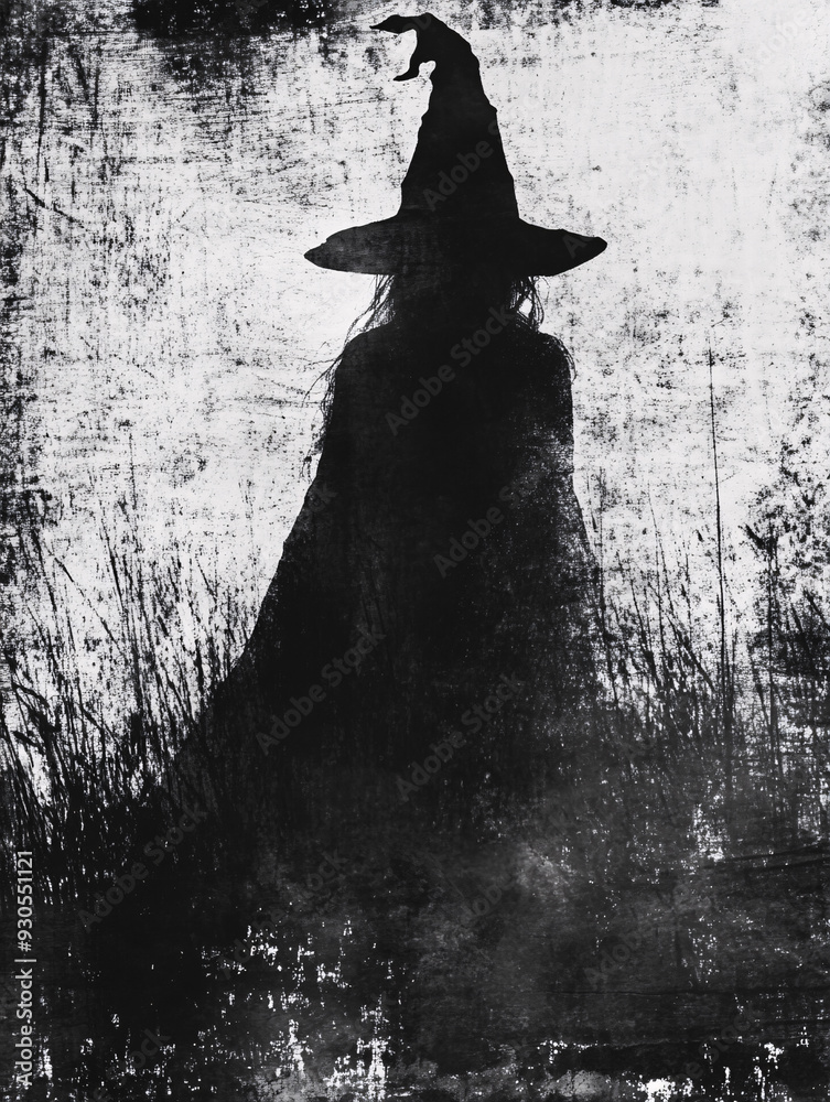 Chilling black and white image of an eerie witch-like figure with ...