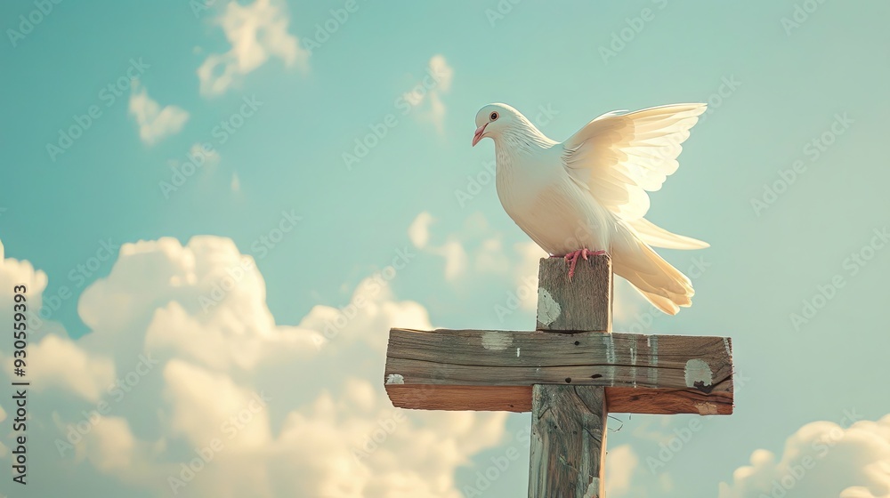 White dove bird symbolizing Holy Spirit standing on wooden cross in the ...