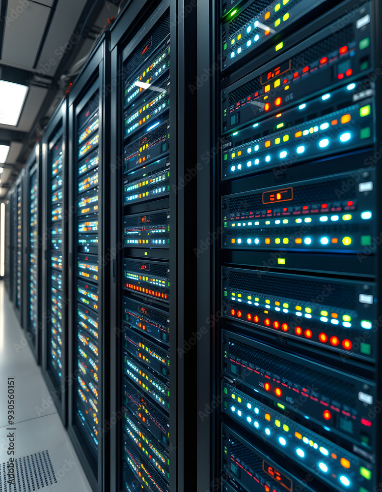 Rack-mounted LEDs in data center servers. 4k image isolated with white ...