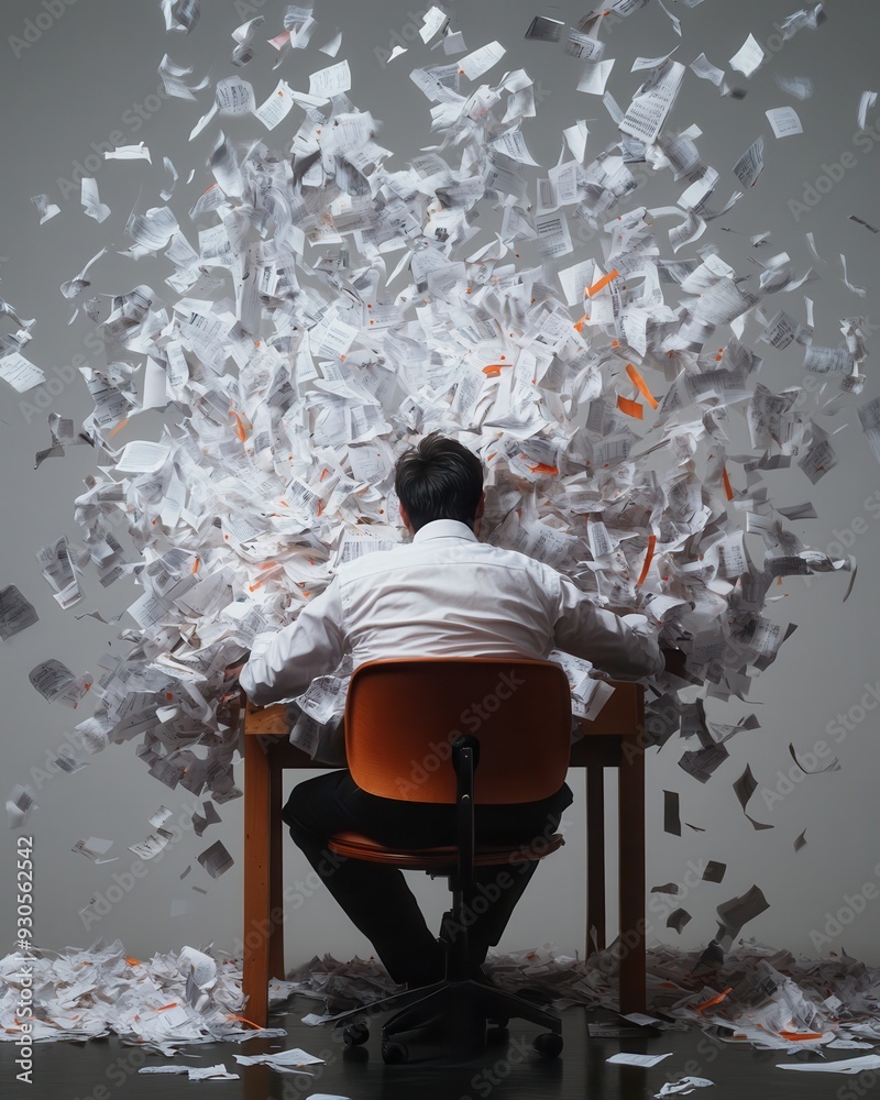 A man overwhelmed by paper chaos at his desk, depicting stress and ...