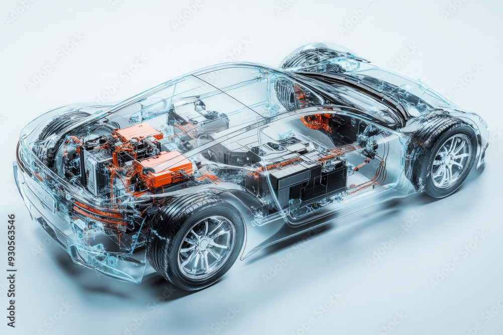 Cutaway view of electric car with battery engine and powertrain on ...