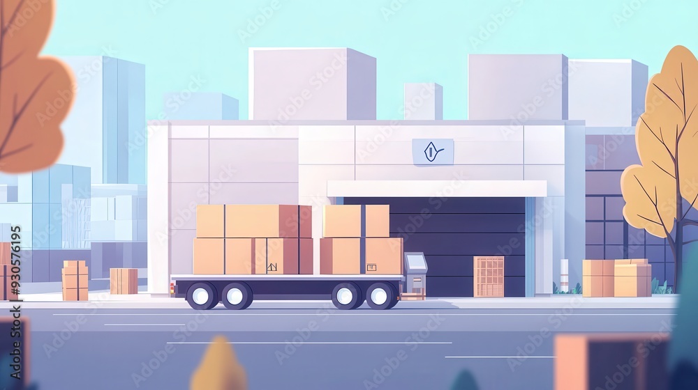 Warehouse building with large boxes on a loading truck in front, urban ...