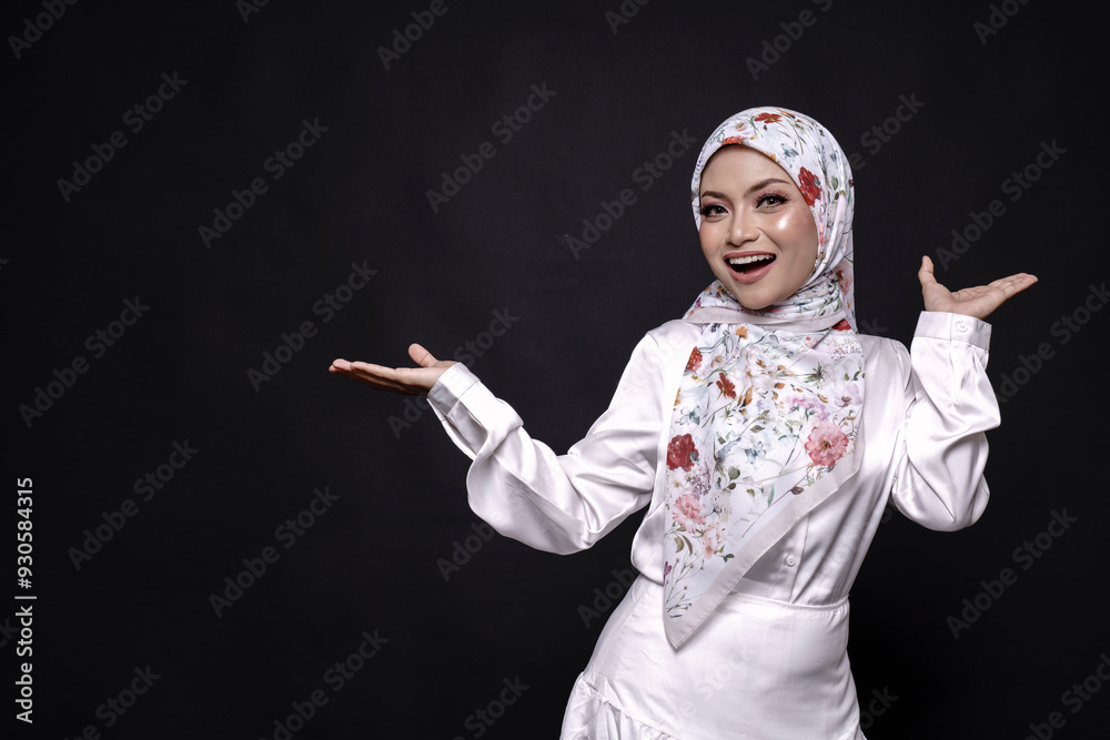 Asian hijab girl in white dress and hijab, give a happy hand gesture ...