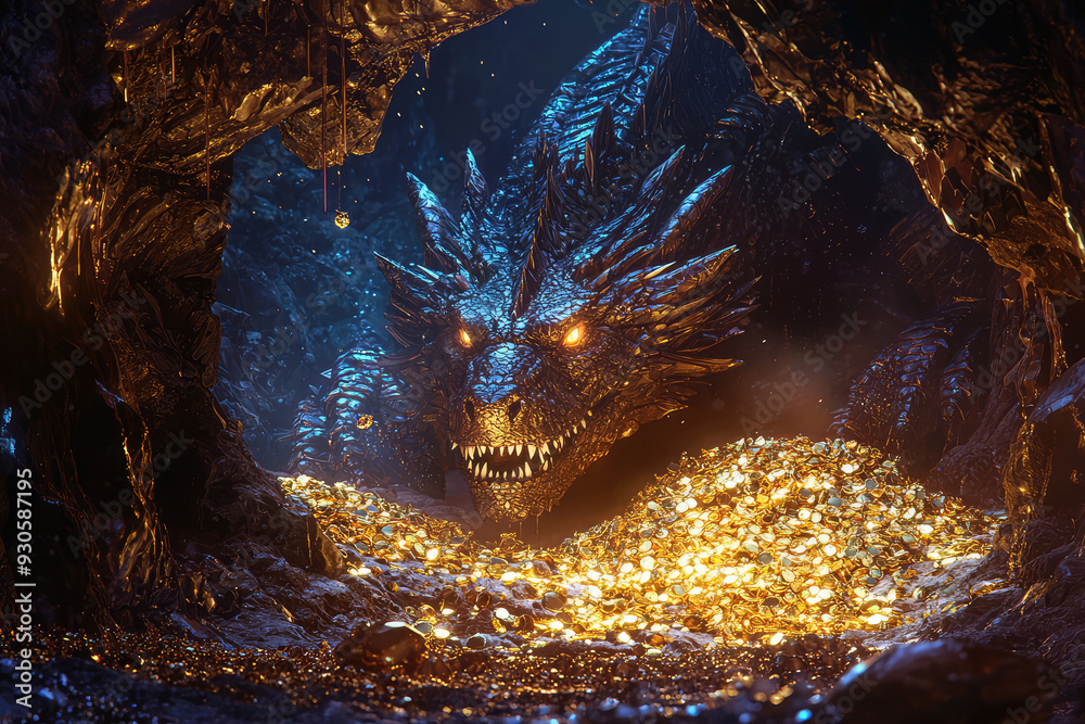 A Majestic Dragon Guards a Hidden Cave Overflowing with Glittering Gold ...