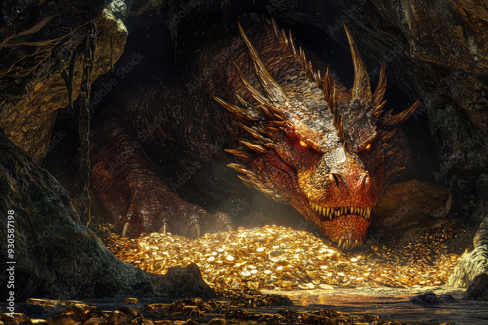 A Fearsome Dragon Guards Its Treasure in a Hidden Cave of Sparkling ...